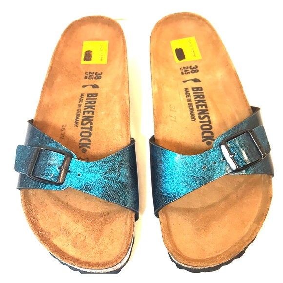 Birkenstock | Shoes | New Birkenstock Blue Metallic Slide Comfort ...